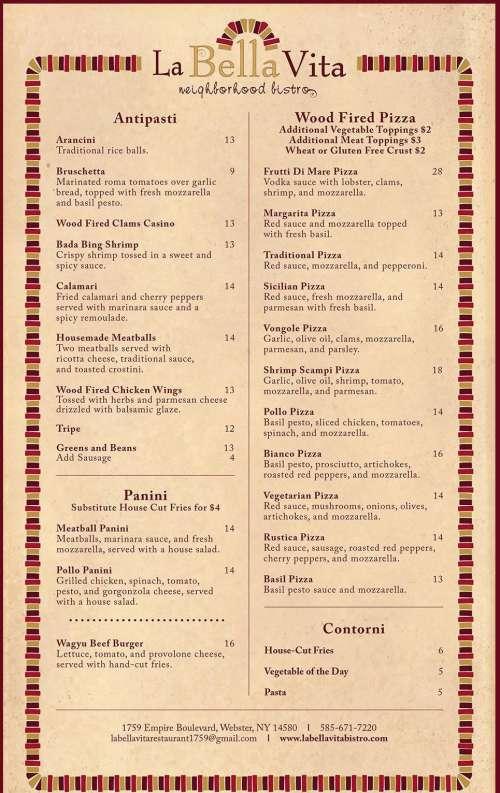 La Bella Vita menu in Webster, New York, USA