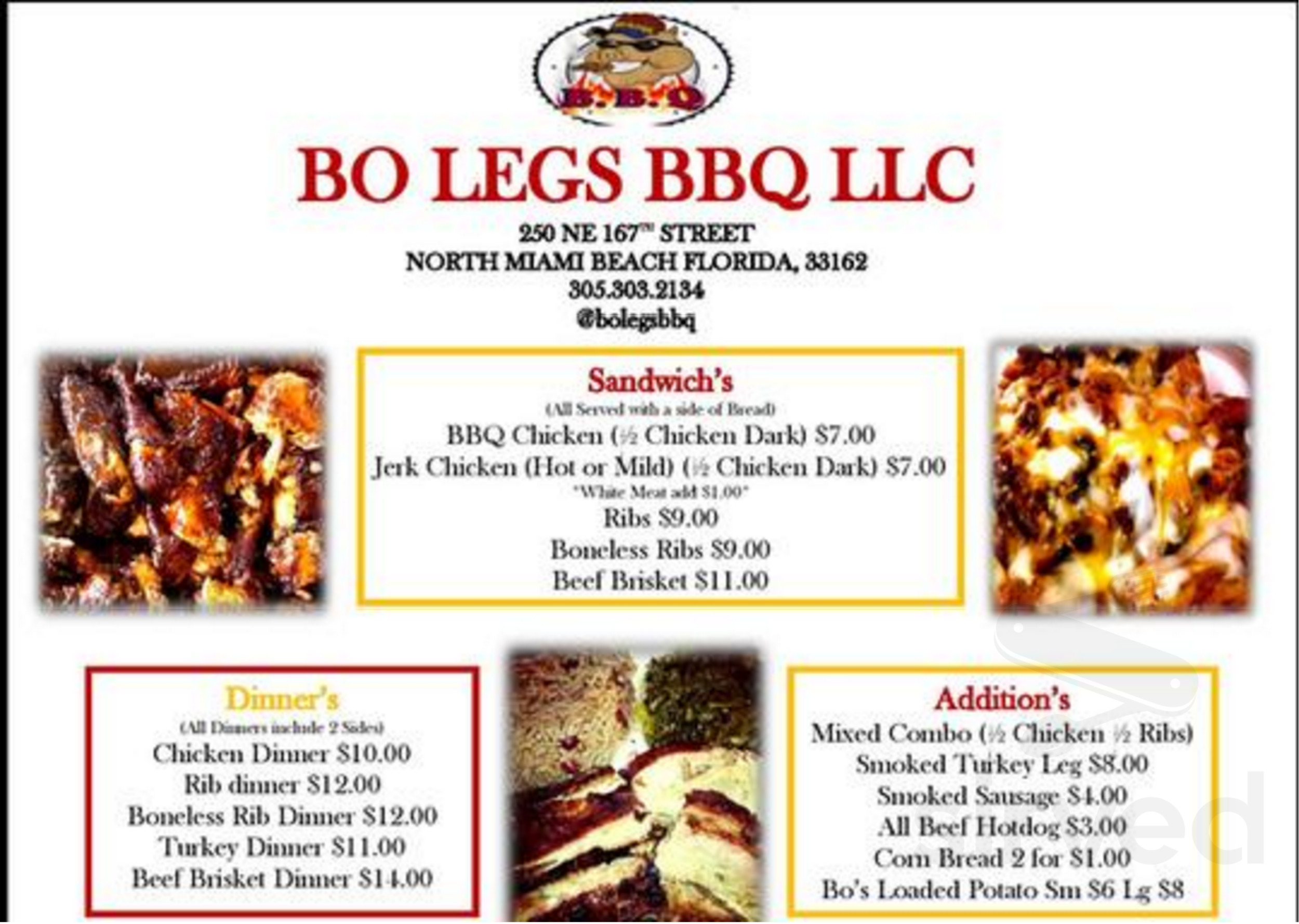 Bo Leggs BBQ menu in El Portal, Florida, USA