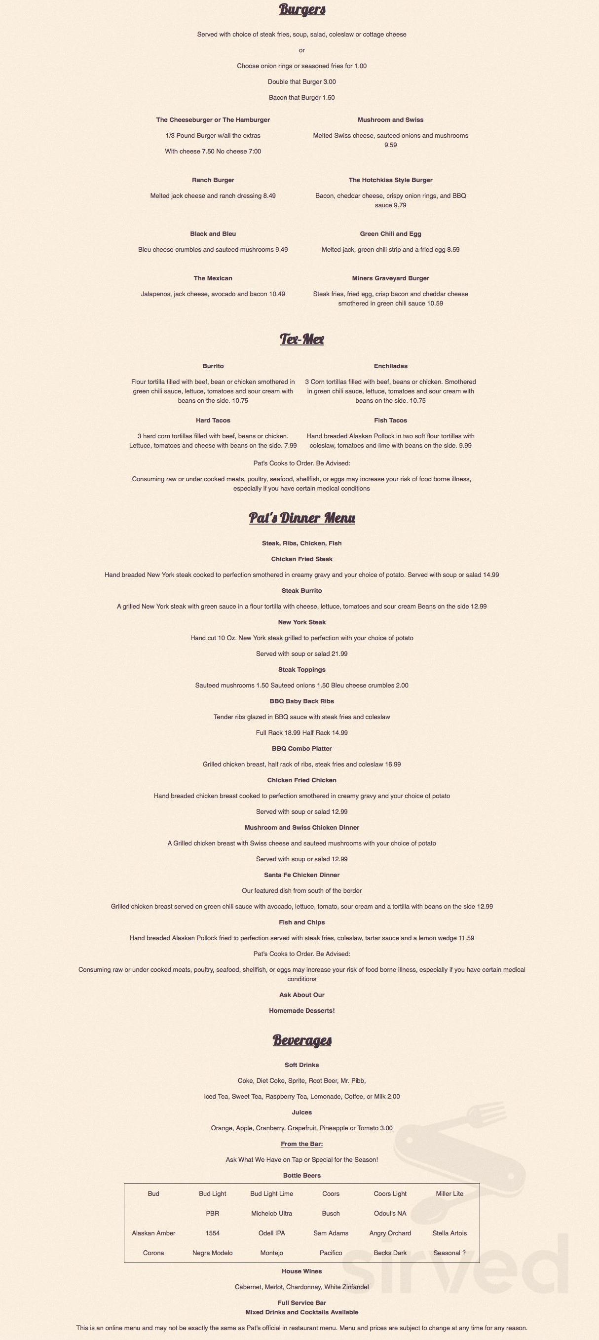 Pat's Bar and Grill menus in Hotchkiss, Colorado, United States