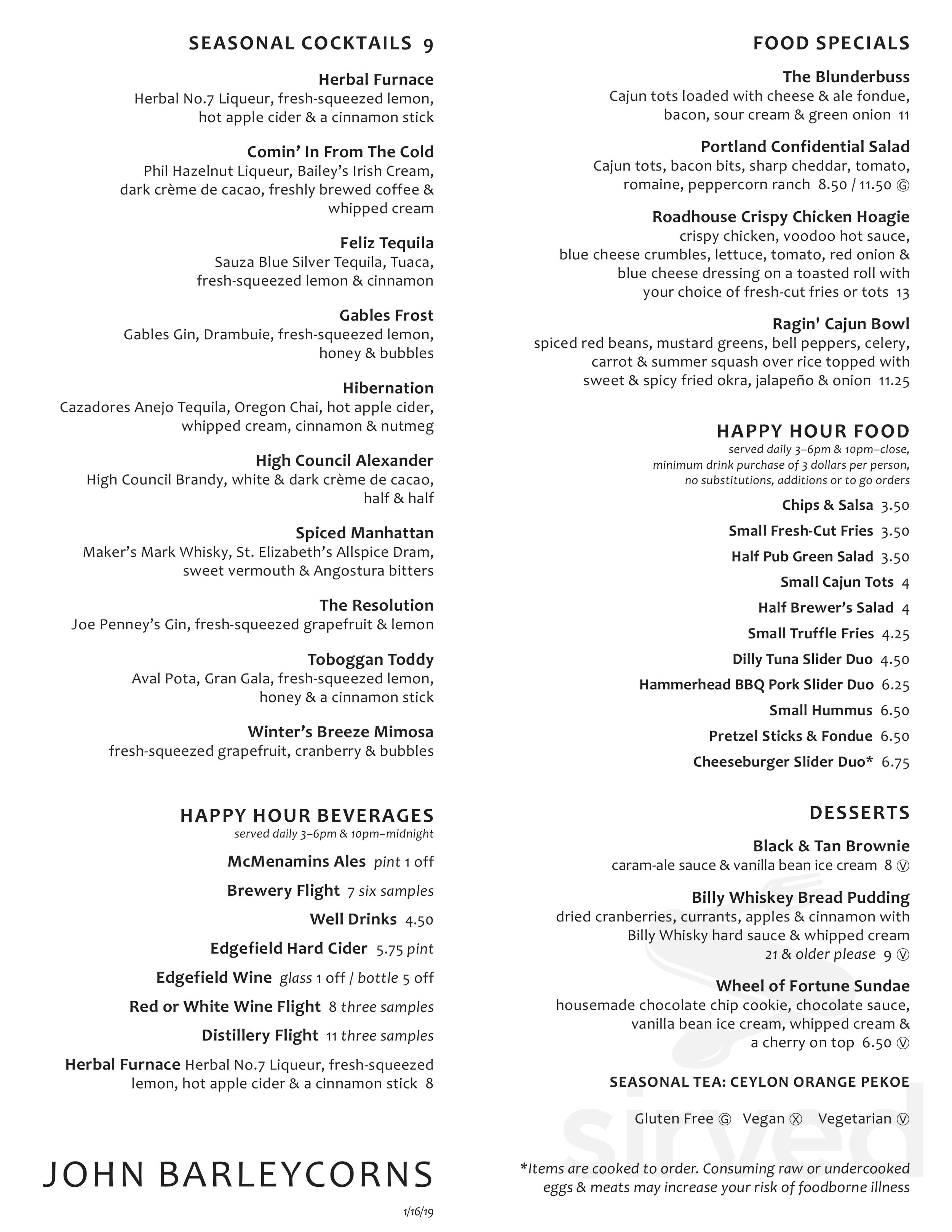 McMenamins John Barleycorns menus in Tigard, Oregon, United States