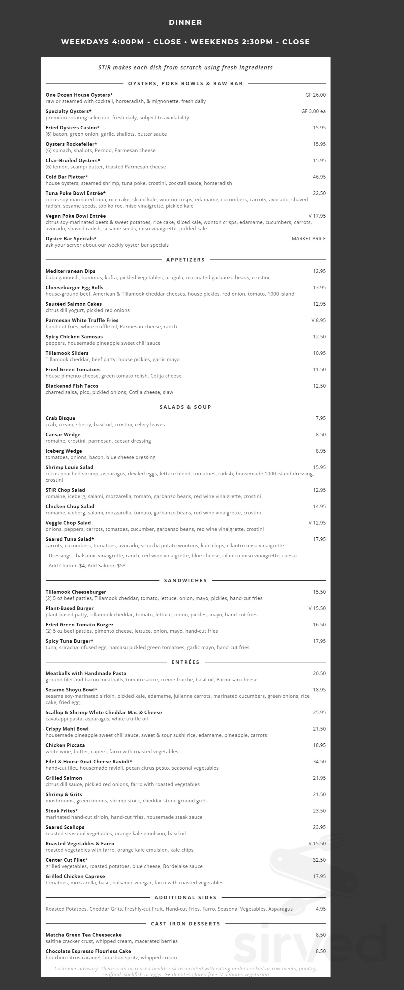 STIR menu in Chattanooga, Tennessee, USA