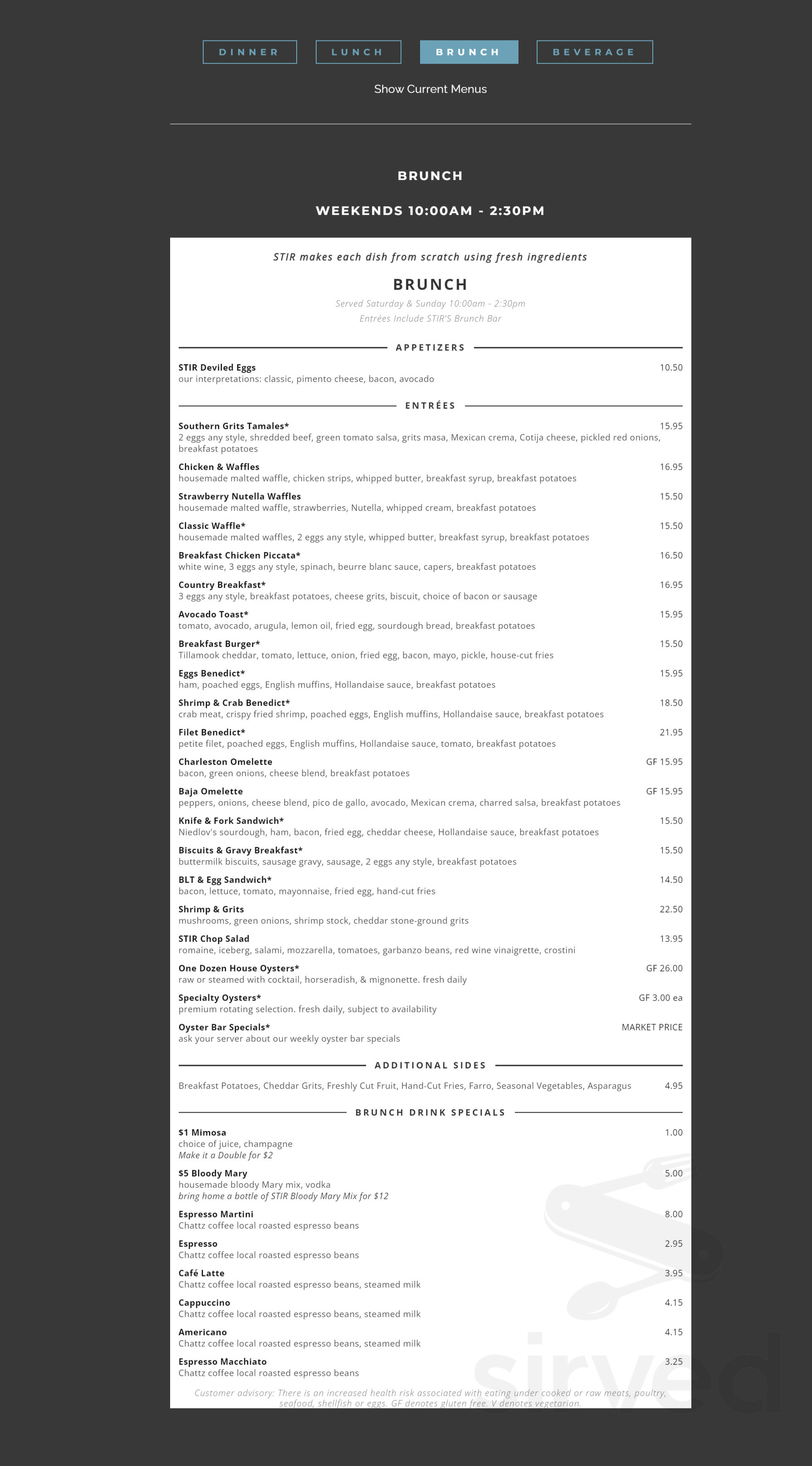 STIR menu in Chattanooga, Tennessee, USA