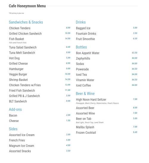 Cafe Honeymoon menu in Dunedin, Florida, USA