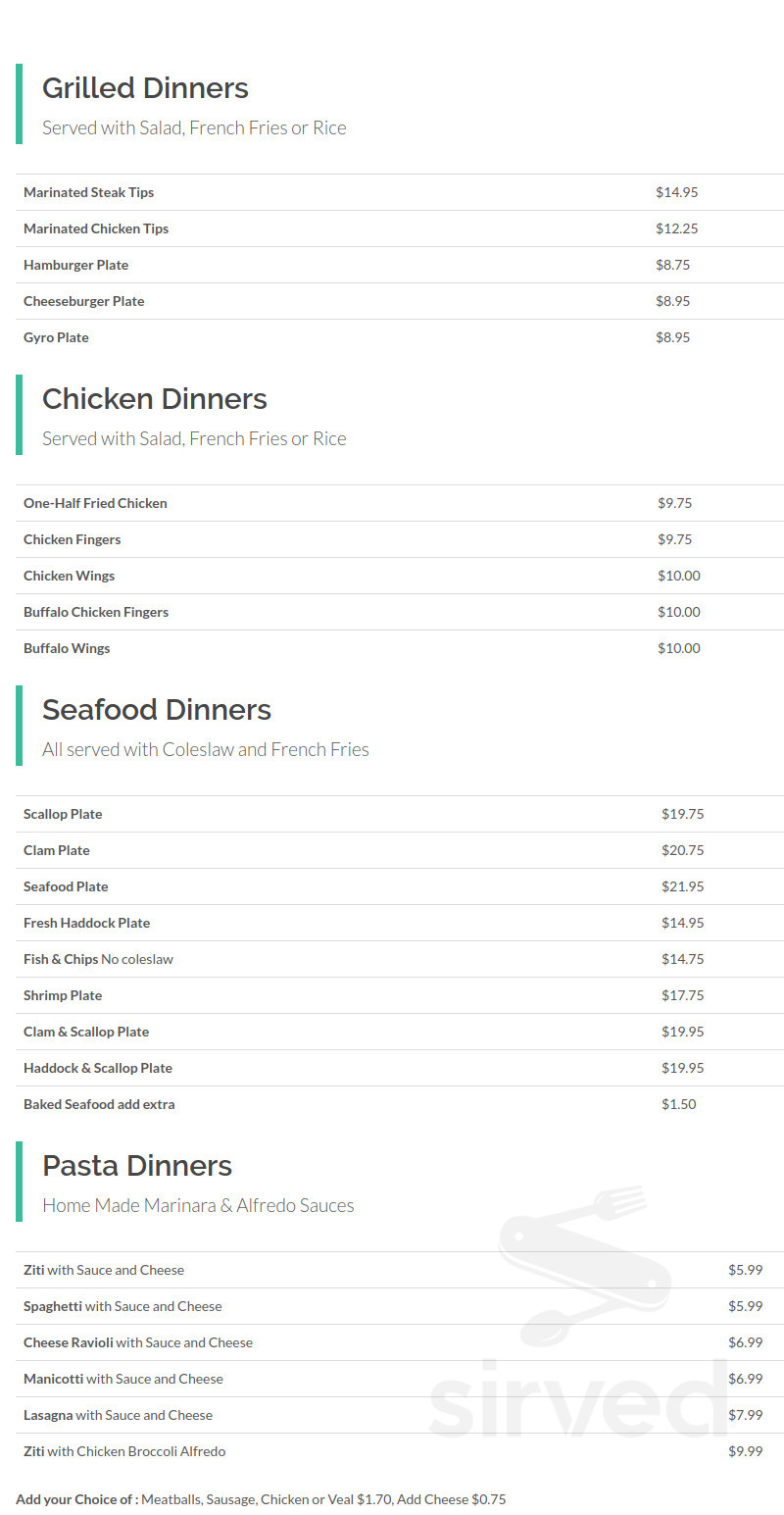 Lakeside Pizza & Seafood menu in Tyngsborough, Massachusetts, USA