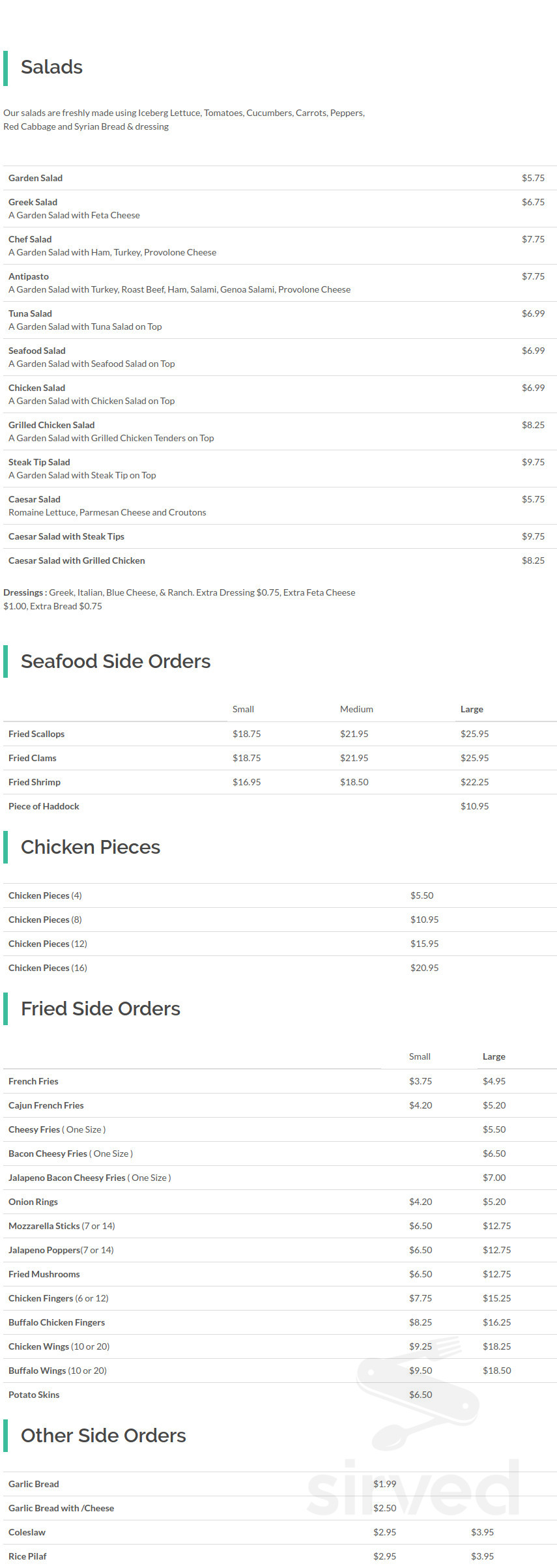 Lakeside Pizza & Seafood menu in Tyngsborough, Massachusetts, USA