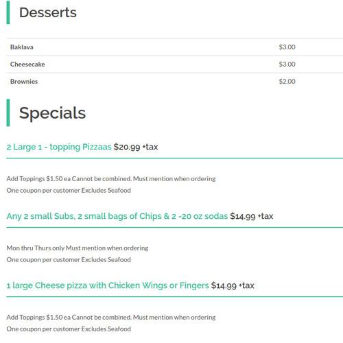 Lakeside Pizza & Seafood menu in Tyngsborough, Massachusetts, USA