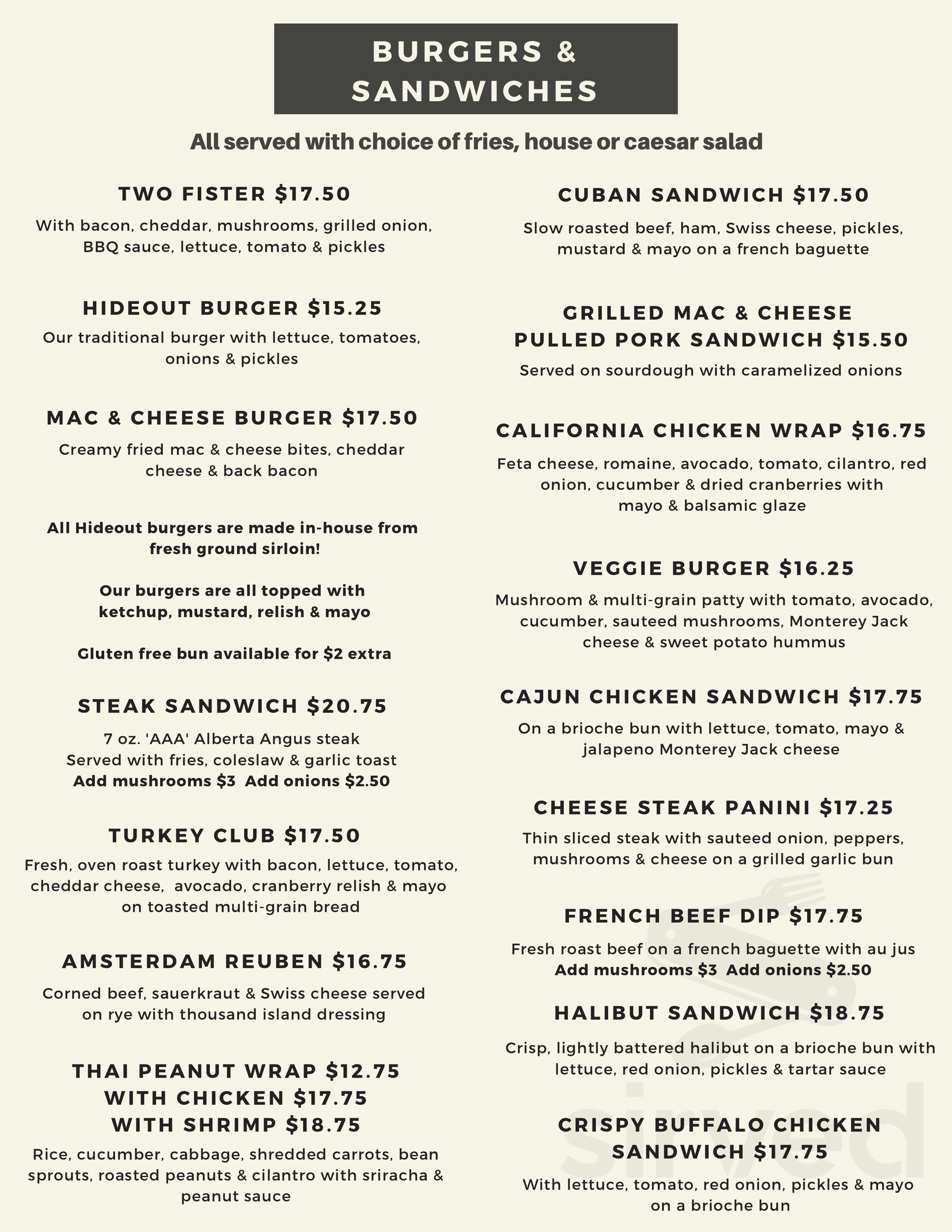 The Hideout menu in Calgary, Alberta, Canada