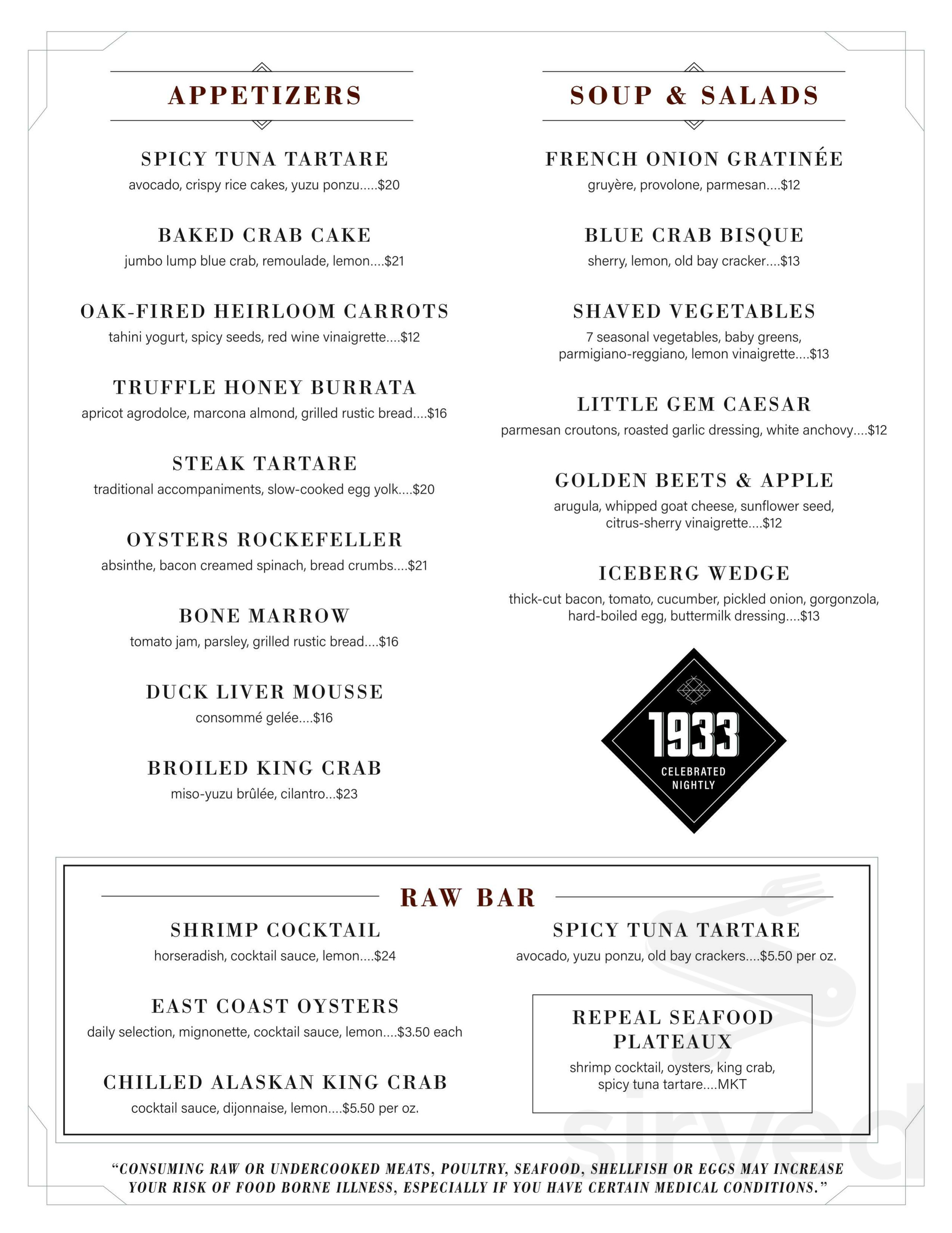 Repeal Oak Fired Steakhouse menu in Louisville, Kentucky, USA