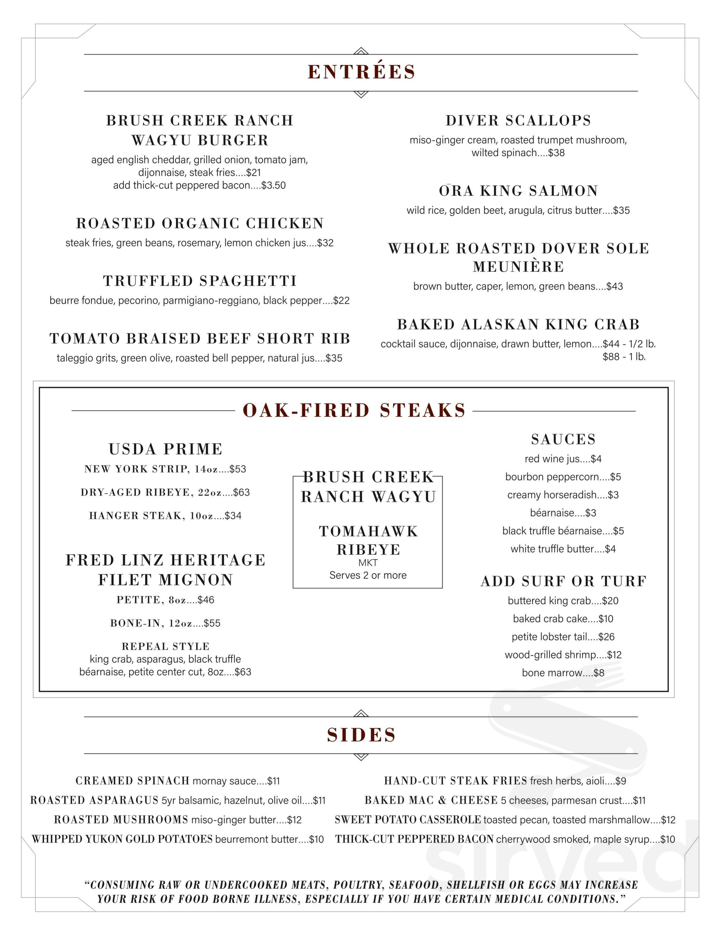Repeal Oak Fired Steakhouse menu in Louisville, Kentucky, USA