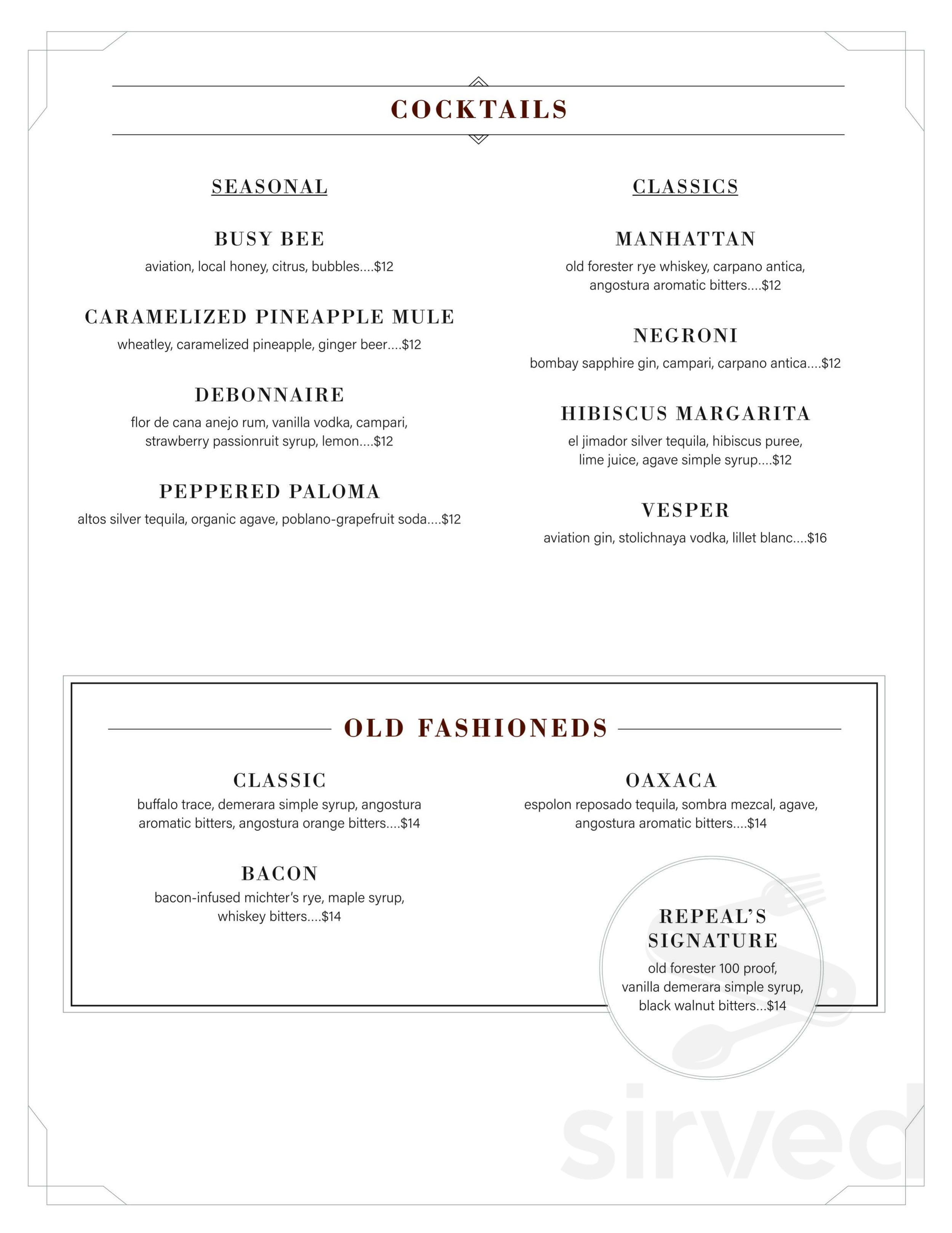 Menu for Repeal Oak Fired Steakhouse in Louisville, KY | Sirved
