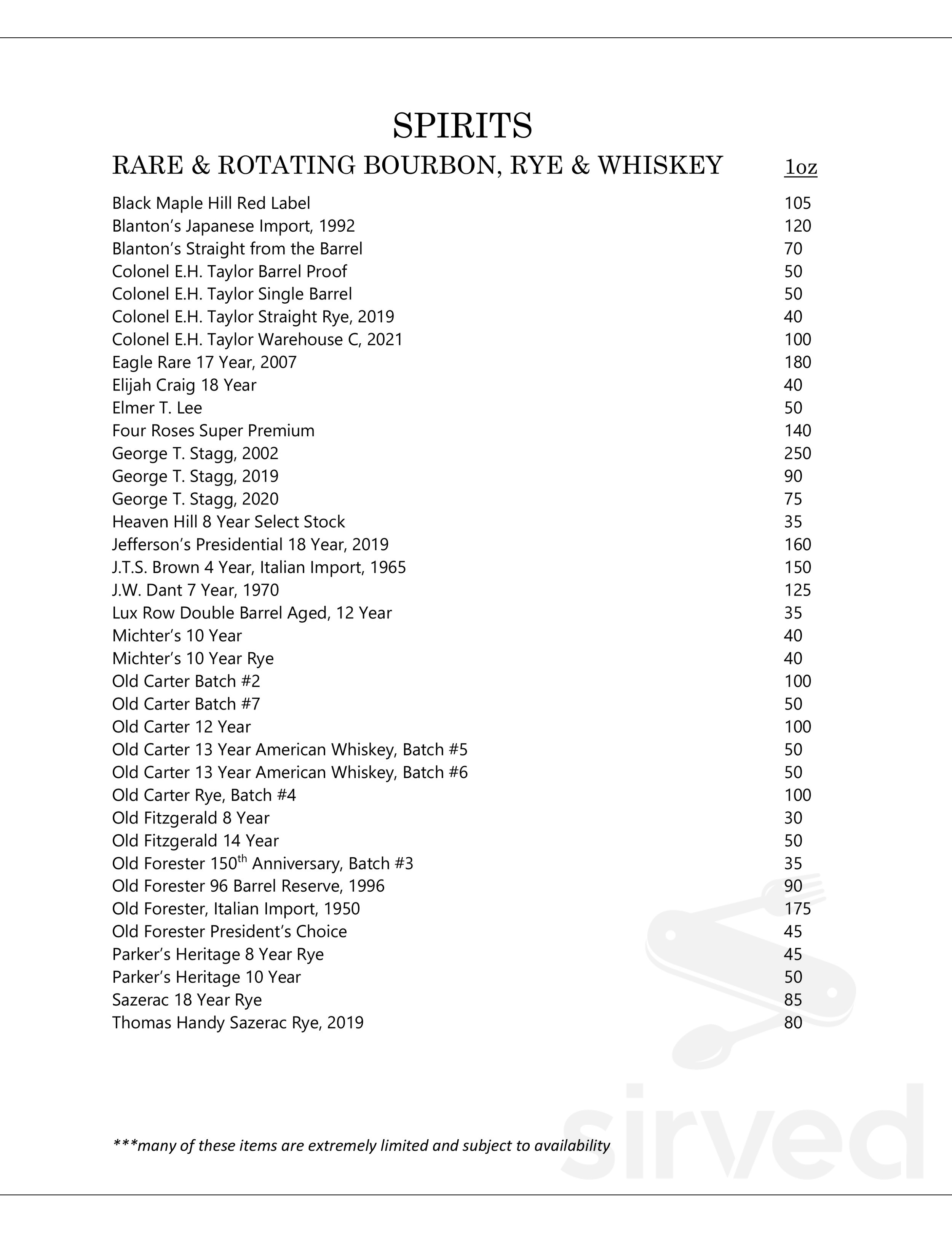 Repeal Oak-Fired Steakhouse menu in Louisville, Kentucky, USA