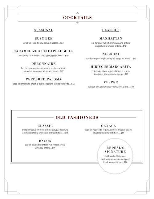 Repeal Oak-Fired Steakhouse menu in Louisville, Kentucky, USA