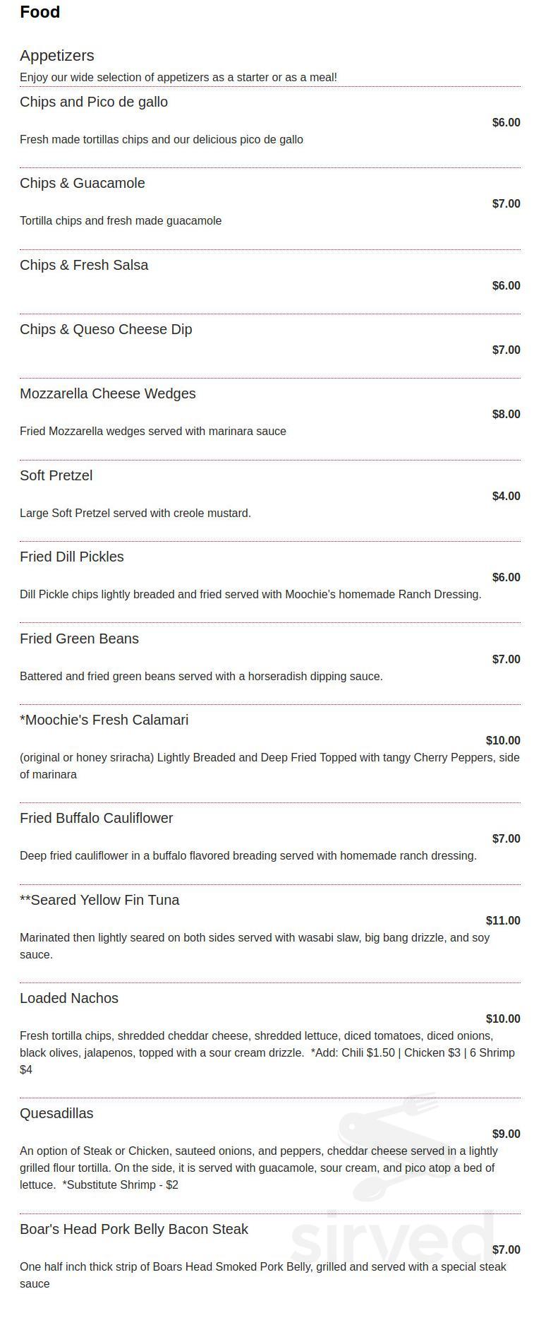 Moochie's Tavern menu in Matthews, North Carolina, USA