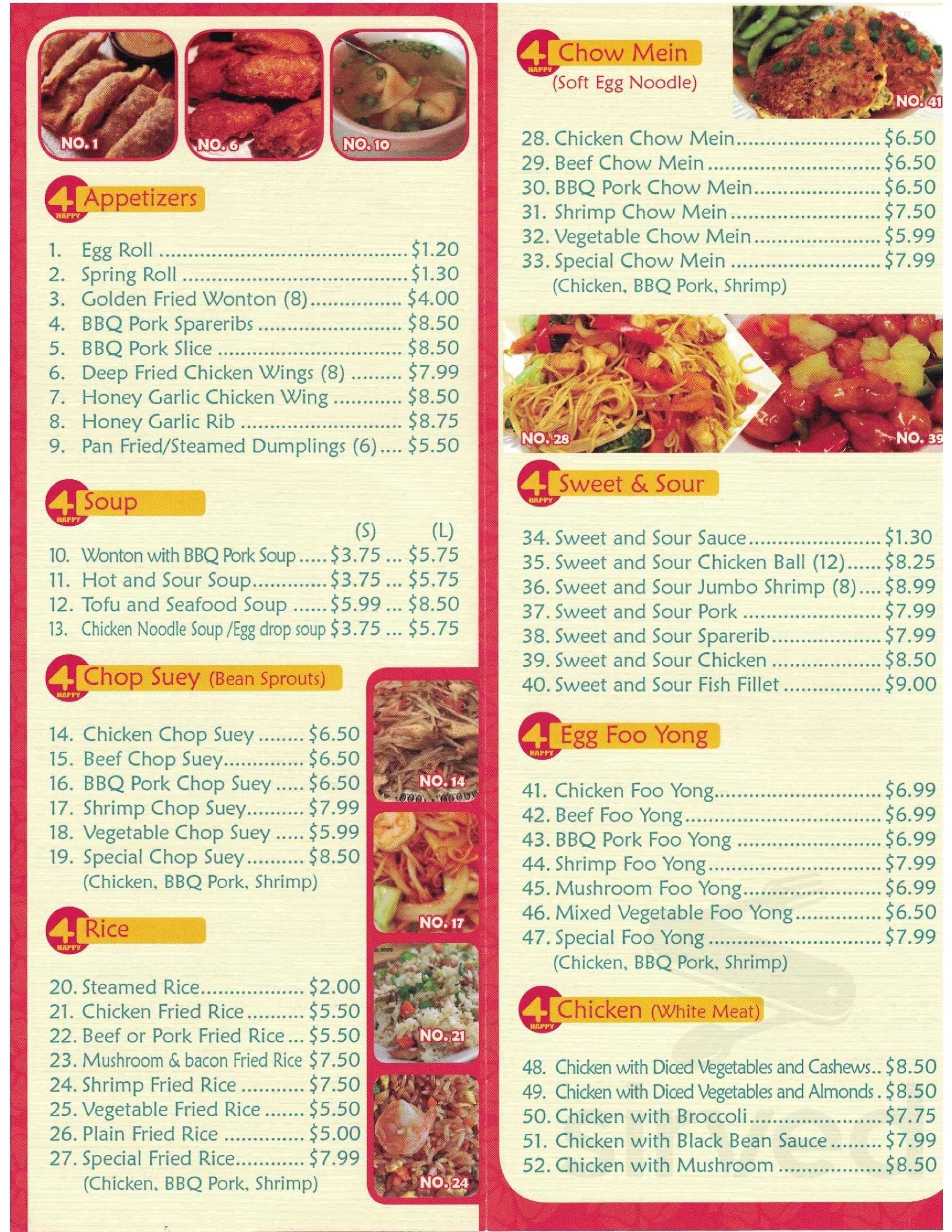 Four Happy Restaurant menu in St. Marys, Ontario, Canada