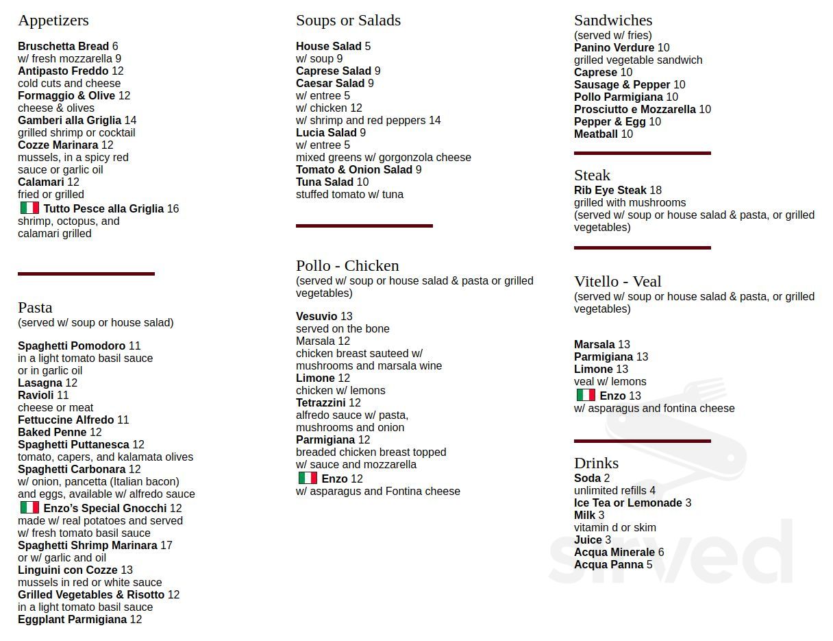 Enzo & Lucia Ristorante menu in Long Grove, Illinois, USA