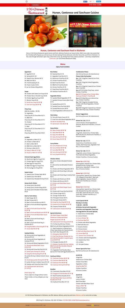 126 Chinese Restaurant menu in Kitchener, Ontario, Canada