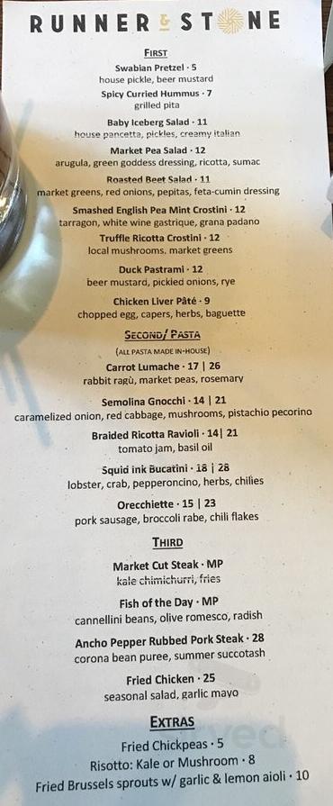 Runner & Stone menu in Brooklyn, New York, USA