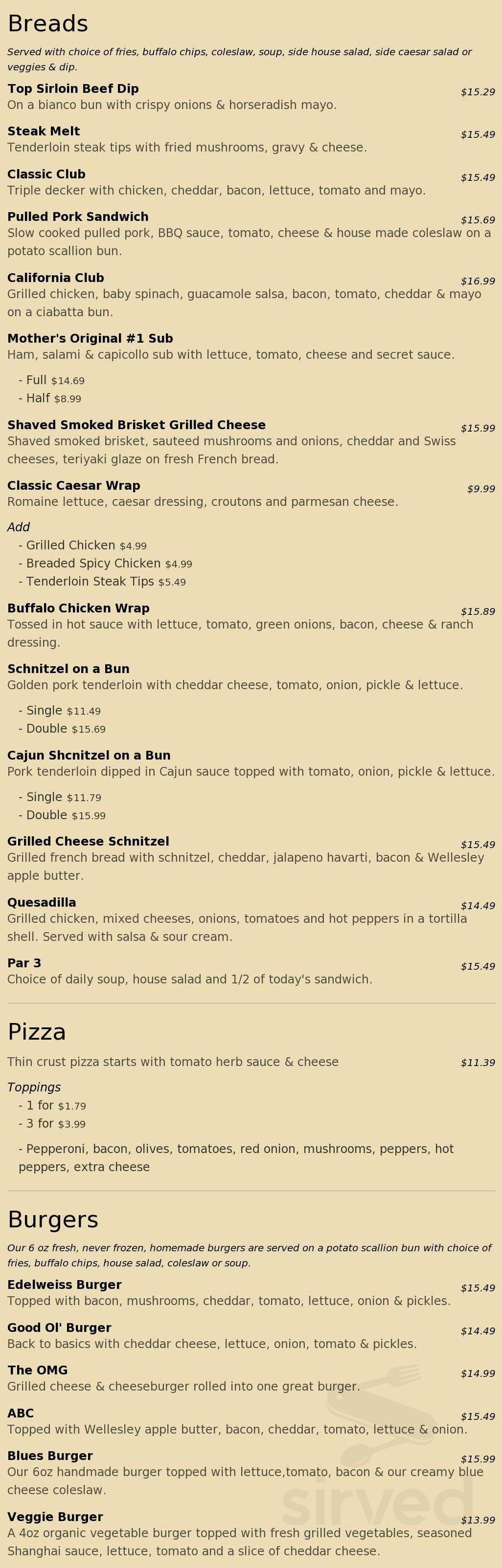 Edelweiss Tavern menu in Kitchener, Ontario, Canada