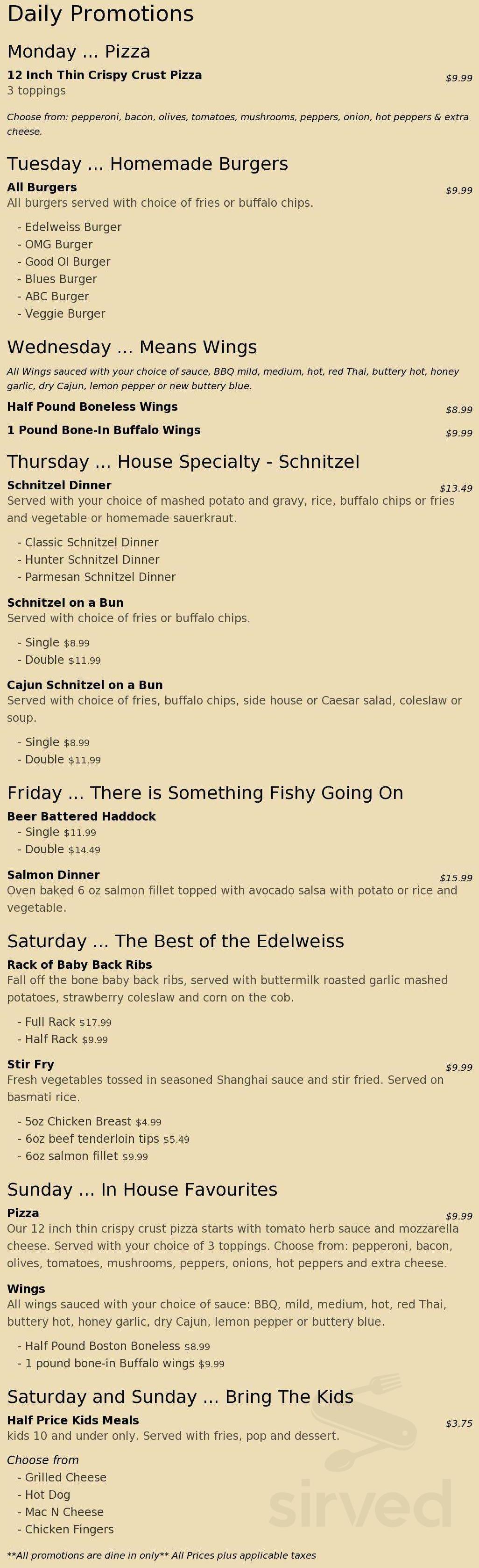 Edelweiss Tavern menu in Kitchener, Ontario, Canada