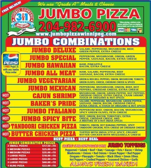 Jumbo Pizza menu in Winnipeg, Manitoba, Canada
