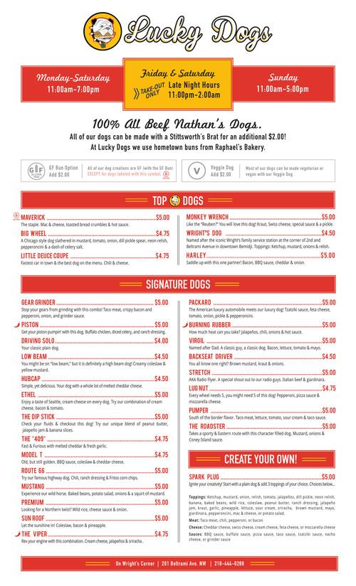 Lucky Dogs menu in Bemidji, Minnesota, USA