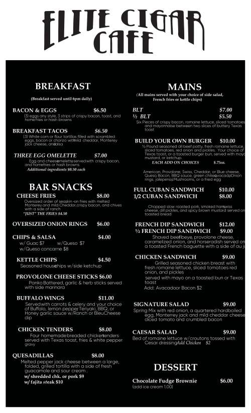 Elite Cigar Cafe menu in Addison, Texas, USA