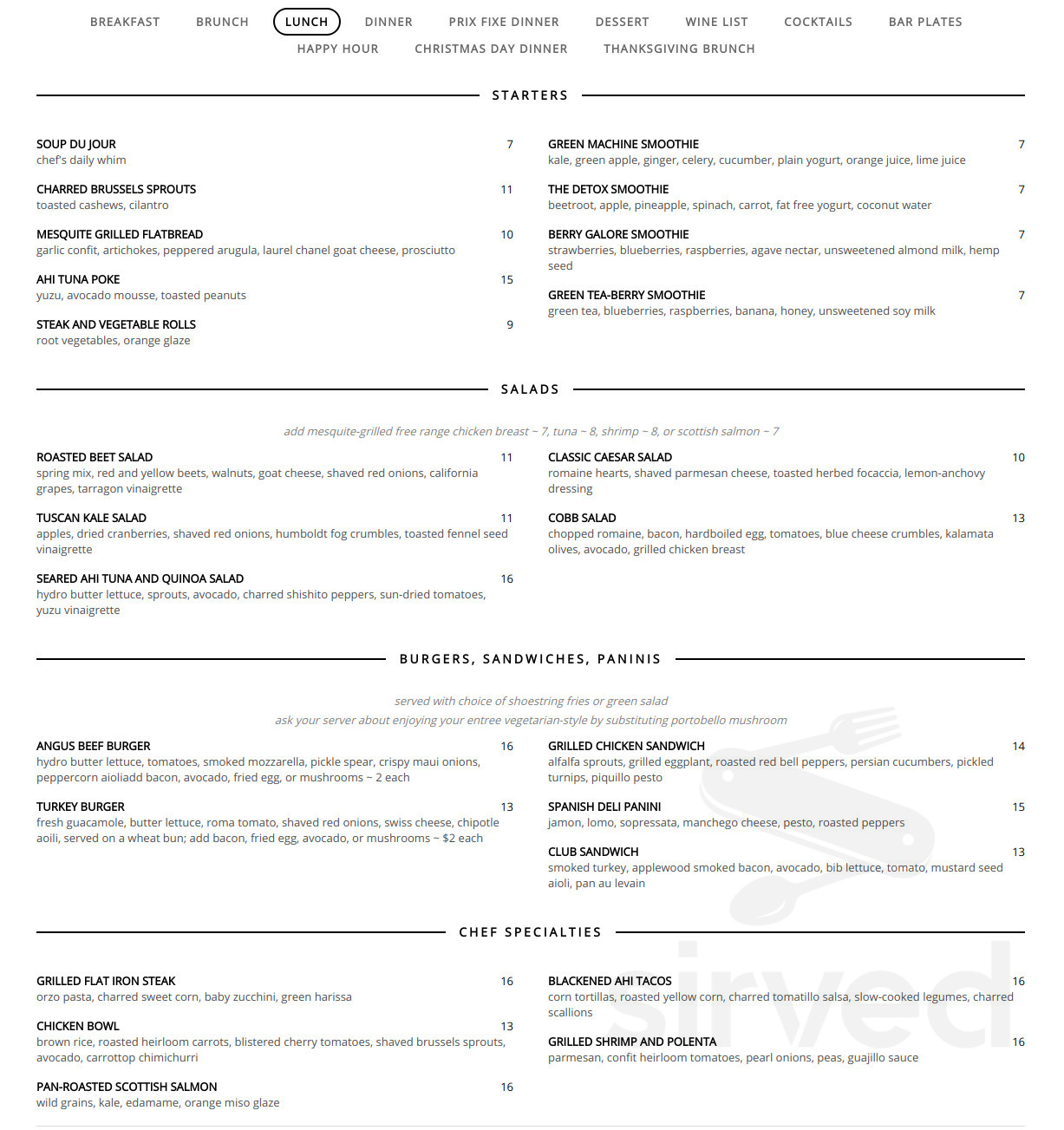 Silver Trumpet Restaurant and Bar menu in Costa Mesa, California, USA