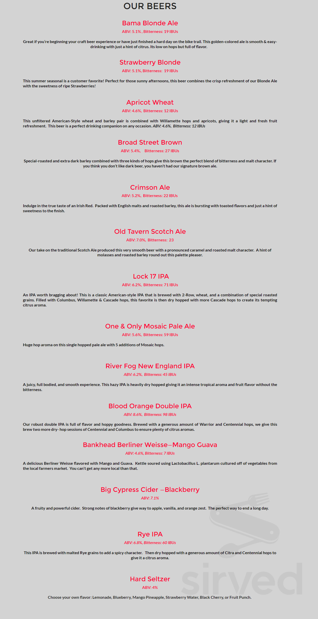 Black Warrior Brewing Company menu in Tuscaloosa, Alabama, USA