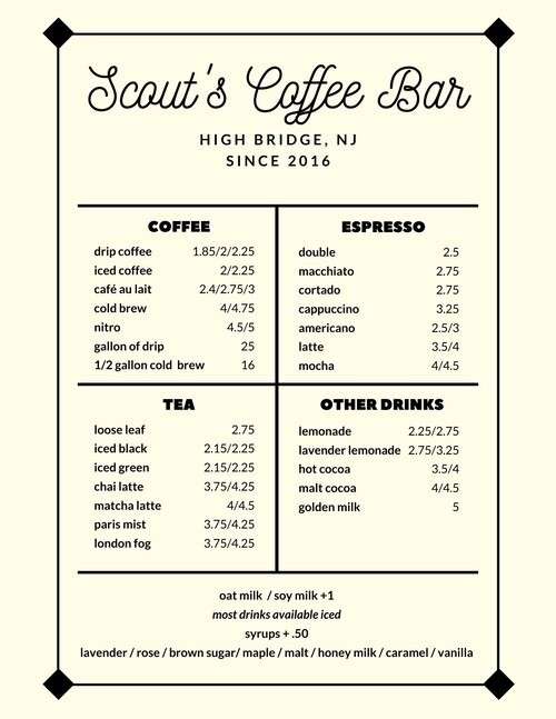 Scout's Coffee Bar + Mercantile menu in High Bridge, New Jersey, USA