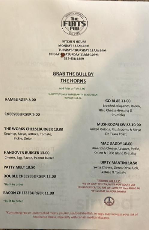 The Flats Pub menu in Morenci, Michigan, USA