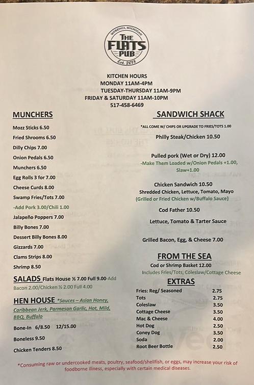 The Flats Pub menu in Morenci, Michigan, USA