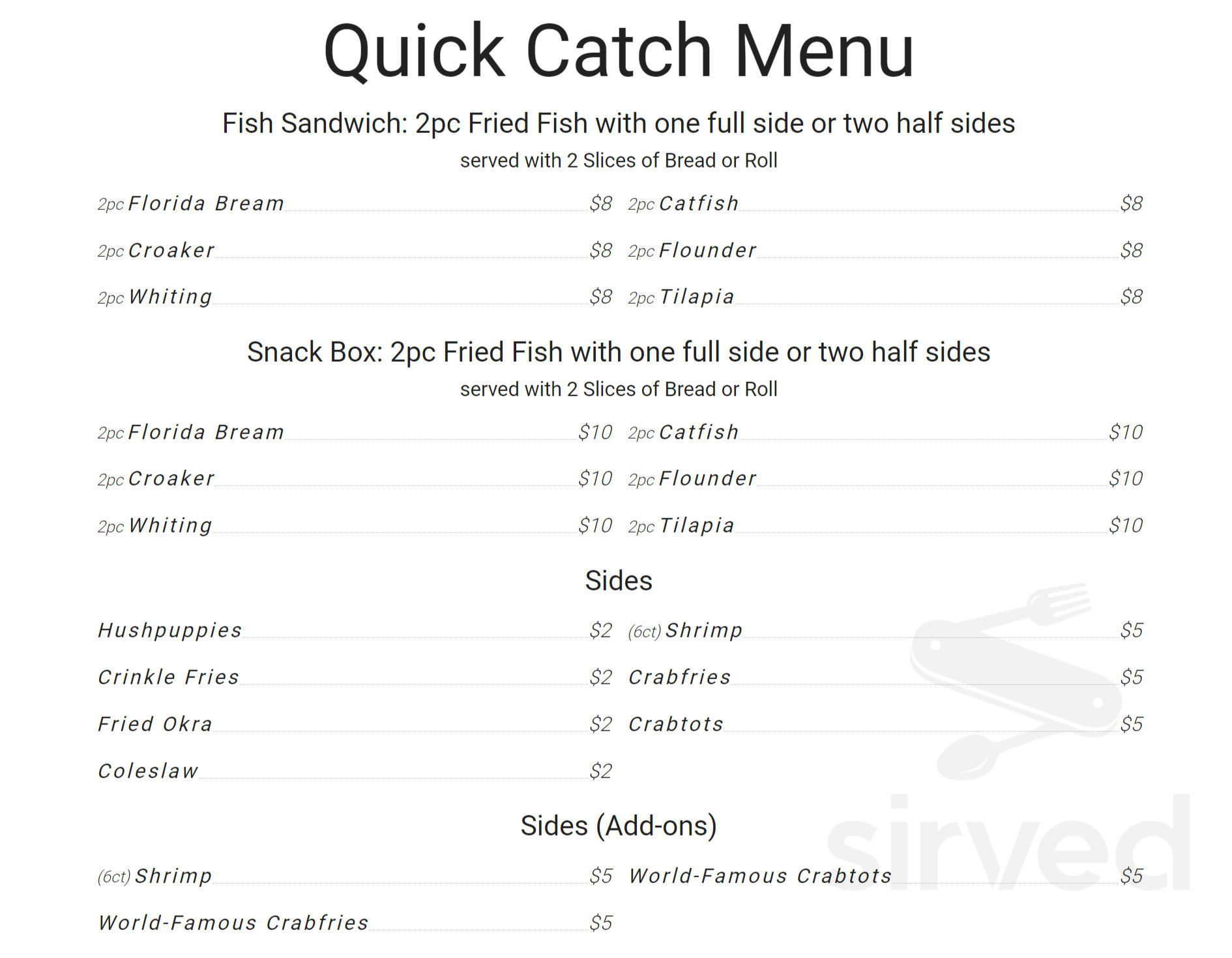 Menu - Sumter SC's Fishin Fellas | Sirved