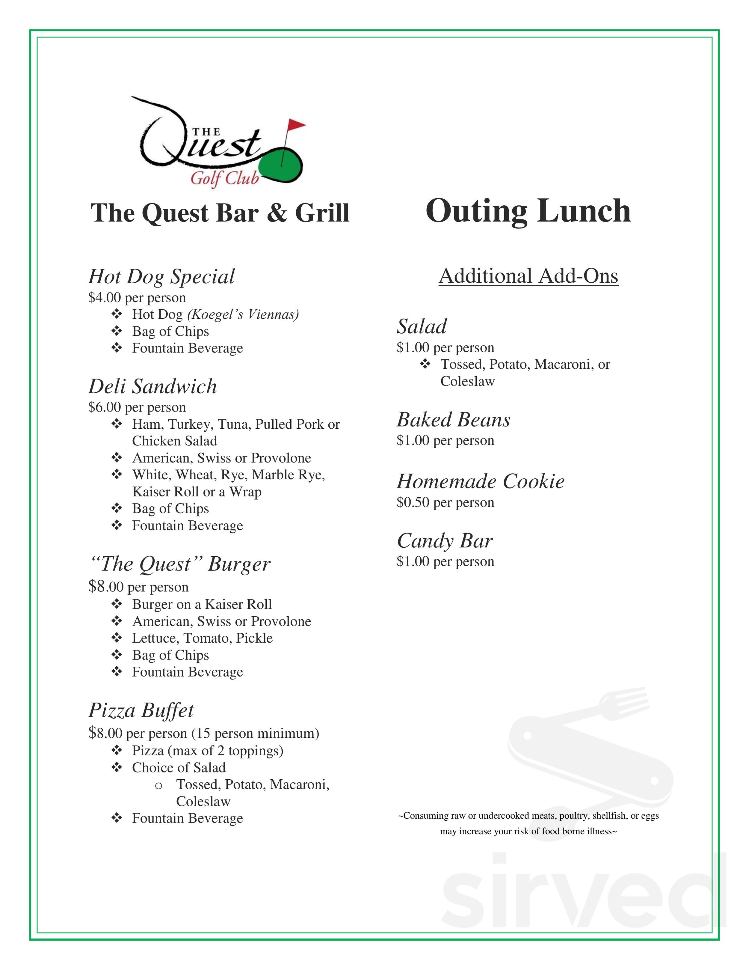The Quest Golf Course menu in Houghton Lake, Michigan, USA