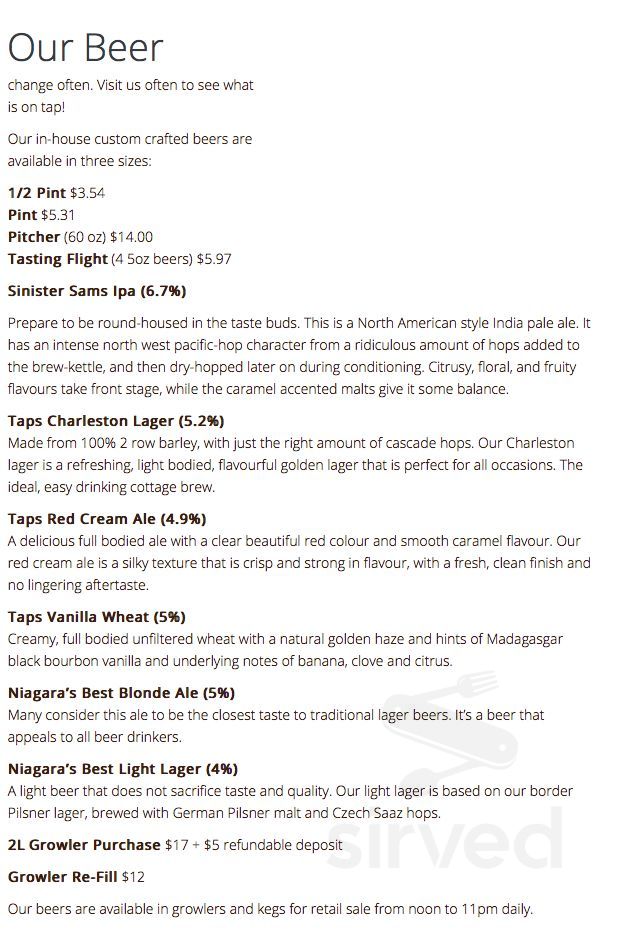 Taps Brewhouse menu in Niagara Falls, Ontario, Canada