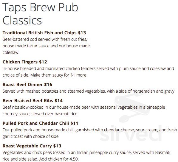 Taps Brewhouse menu in Niagara Falls, Ontario, Canada