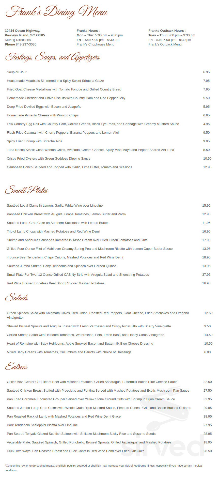 Frank's & Frank's Outback menus in Pawleys Island, South Carolina ...