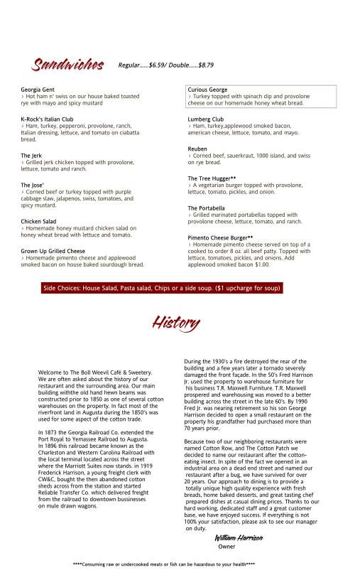 The Boll Weevil Cafe and Sweetery menu in Augusta, Georgia, USA