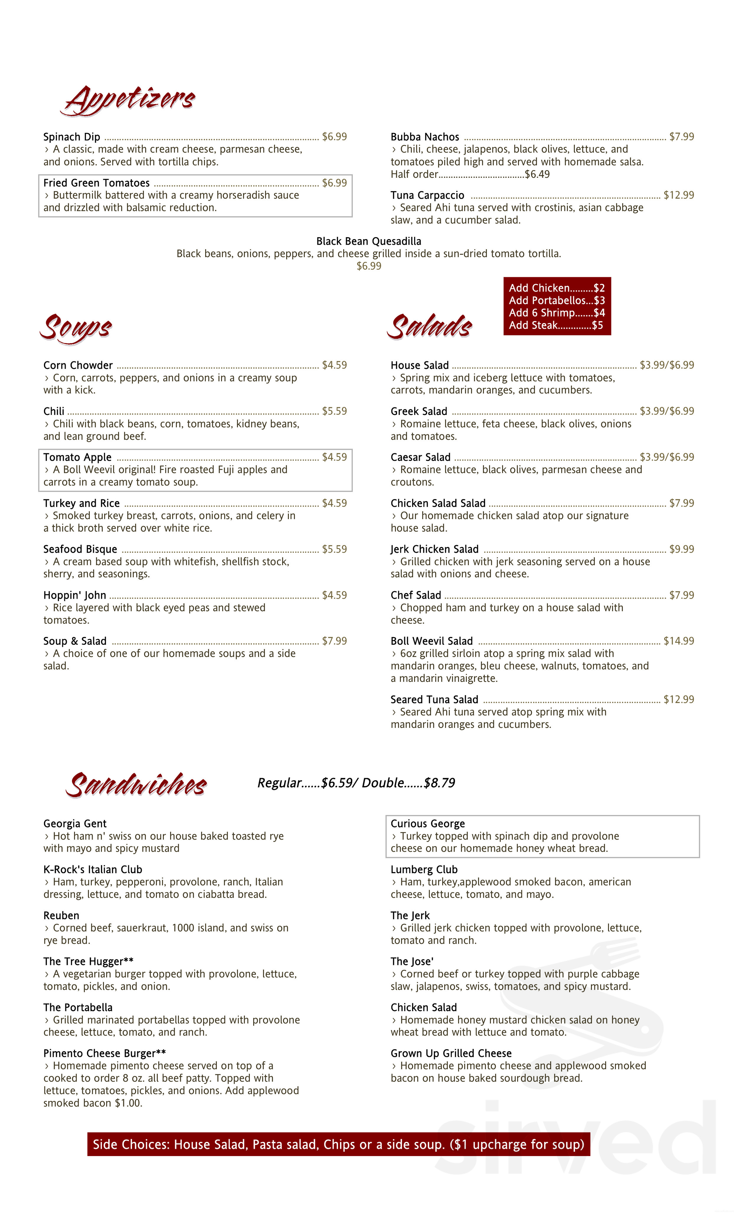 Menu for The Boll Weevil Cafe and Sweetery in Augusta, GA | Sirved