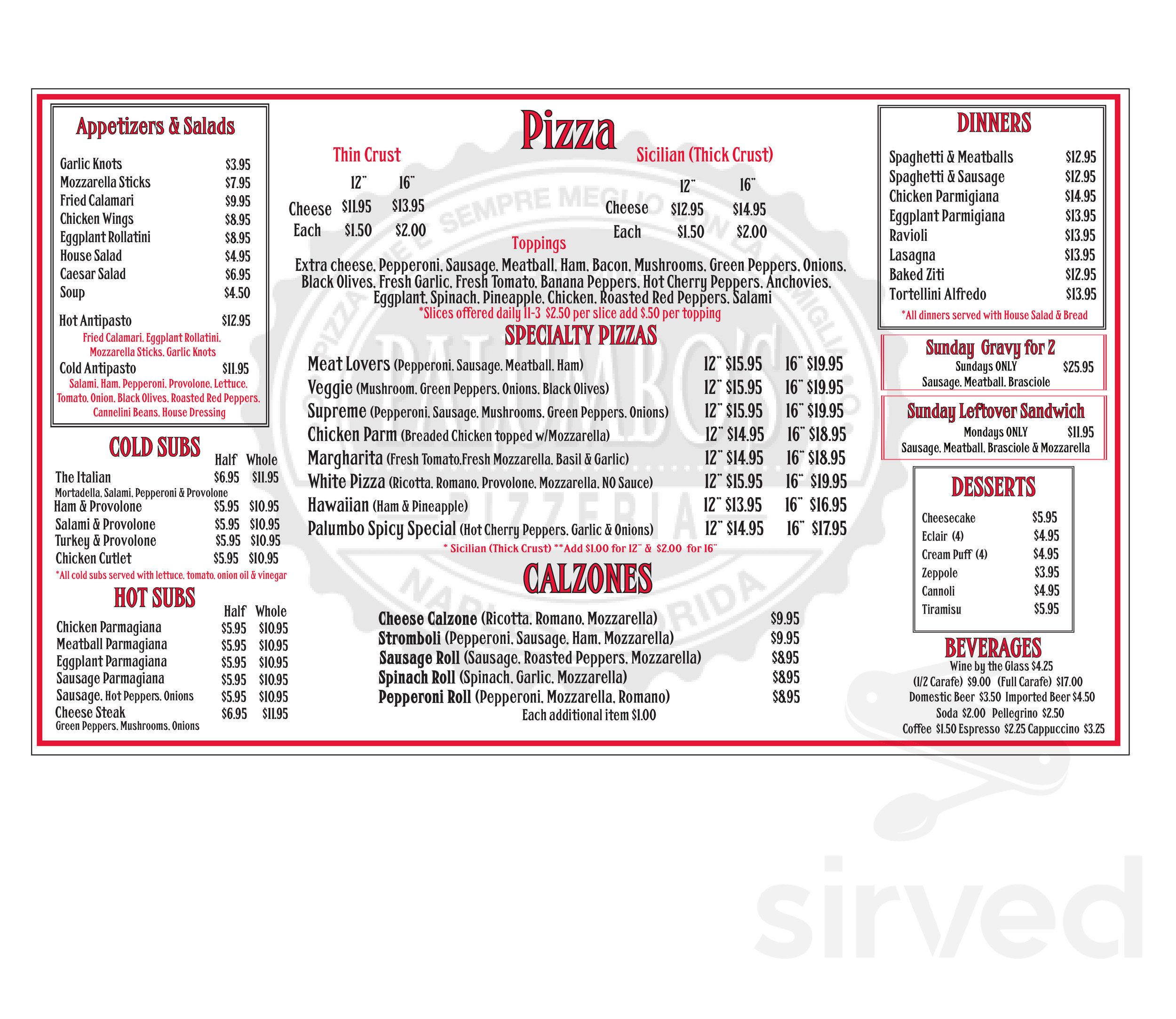Menu for Palumbo's Pizzeria in Naples, FL | Sirved