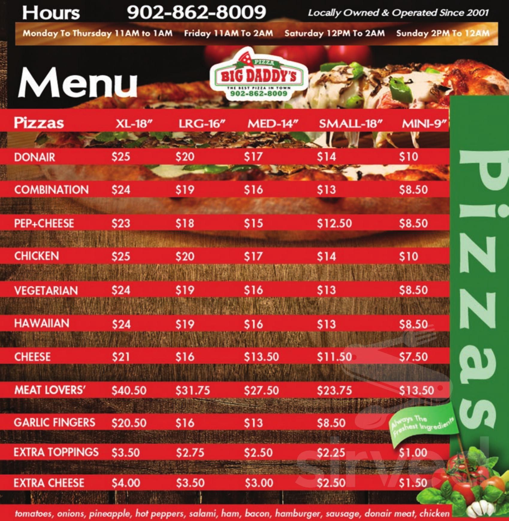 Menu for Big Daddy Pizza in New Waterford, NS | Sirved