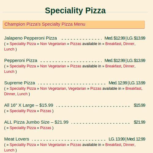 The Champion Pizza menu in Houston, Texas, USA