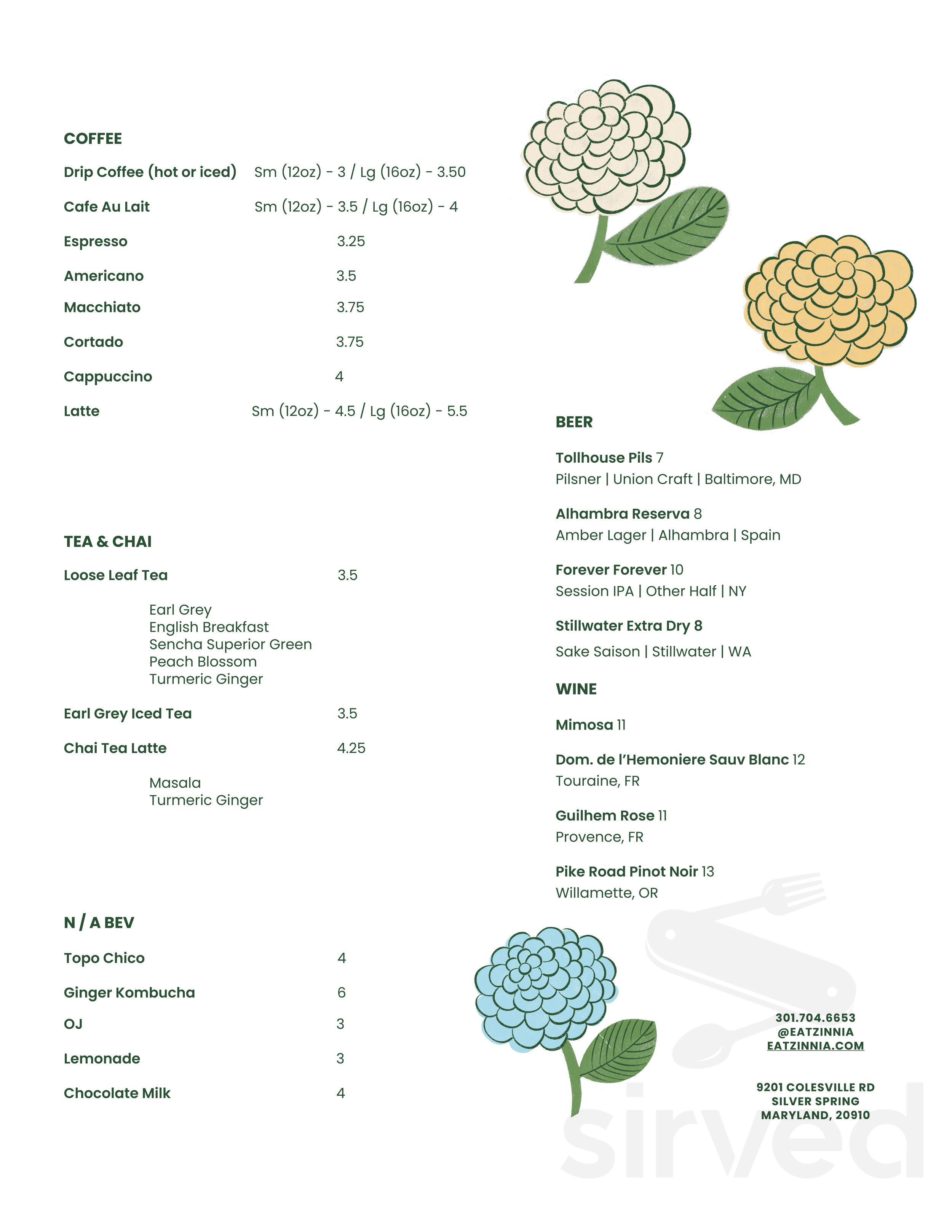 Zinnia menu in Silver Spring, Maryland, USA