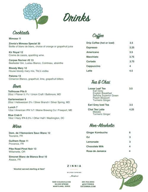 Zinnia menu in Silver Spring, Maryland, USA