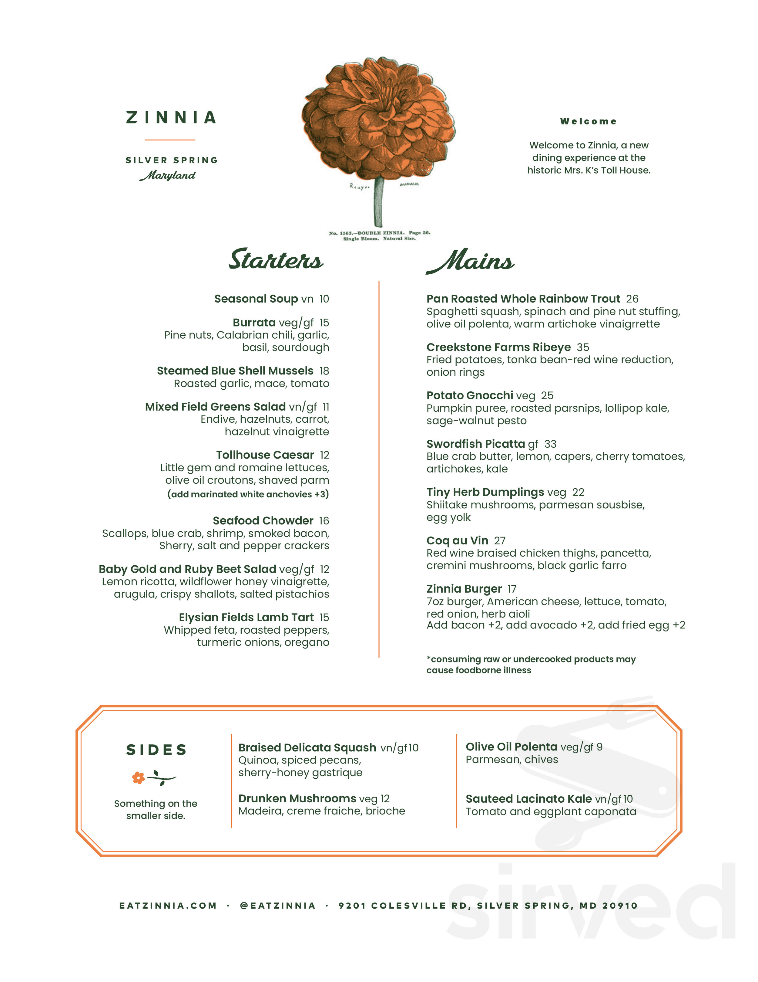 Zinnia menu in Silver Spring, Maryland, USA