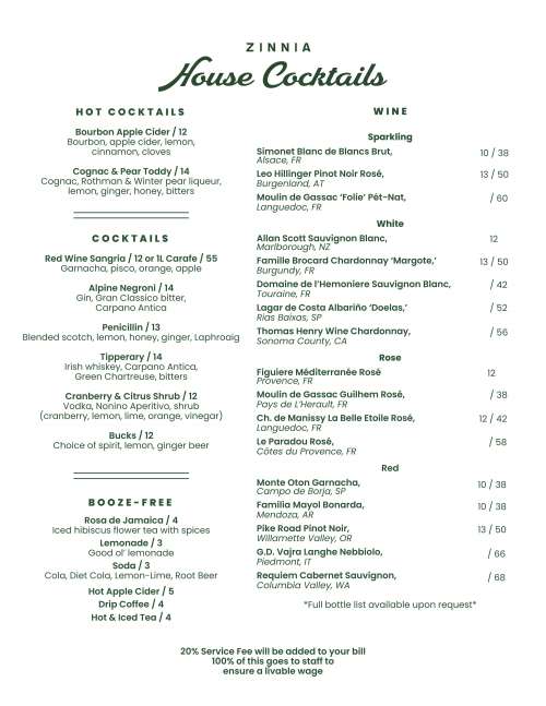 Zinnia menu in Silver Spring, Maryland, USA