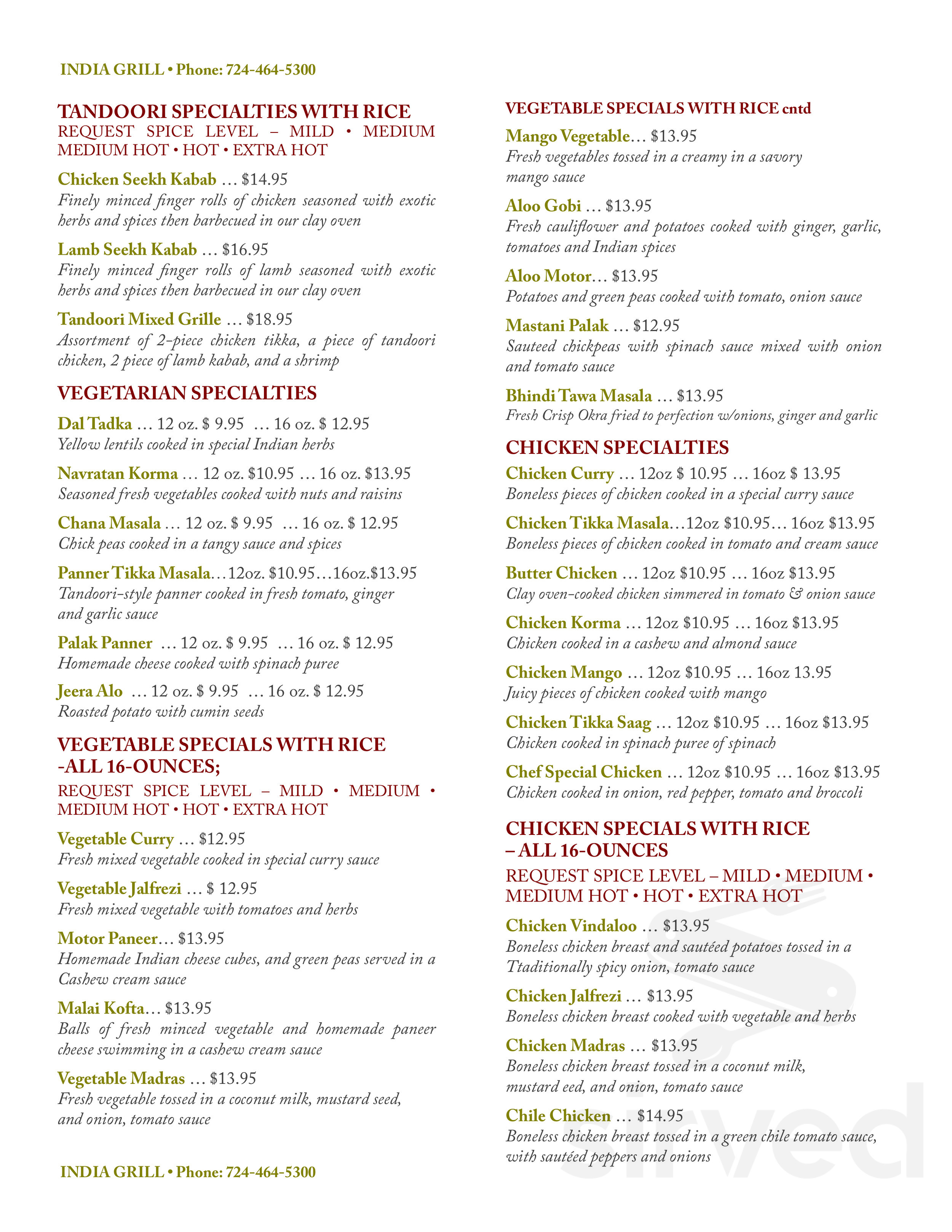 Menu - Indiana PA's India Grill | Sirved