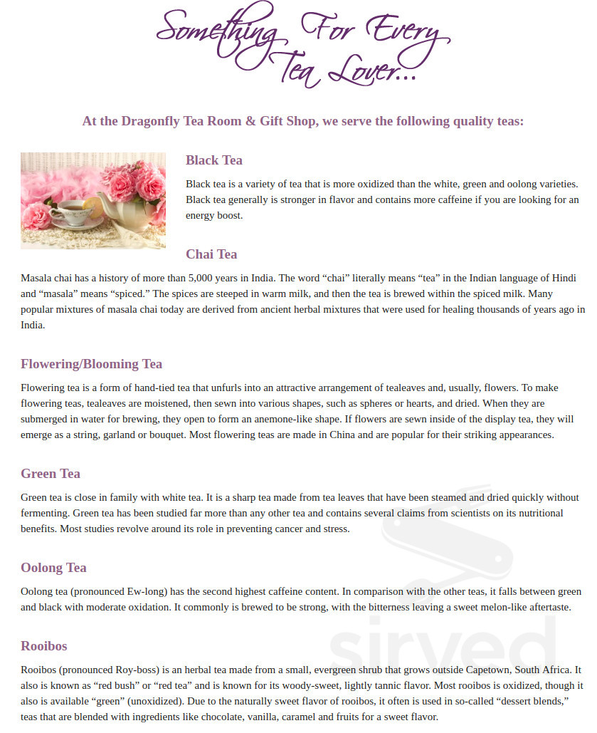 Menu for Dragonfly Tea Room & Gift Shop in Canal Fulton, OH | Sirved