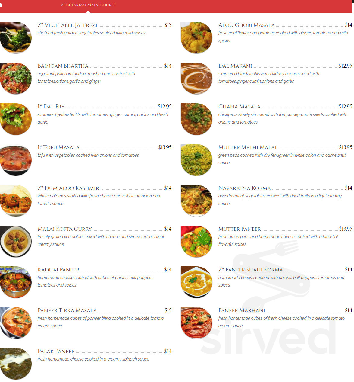 ZAYKA INDIAN CUISINE menu in Raleigh, North Carolina, USA