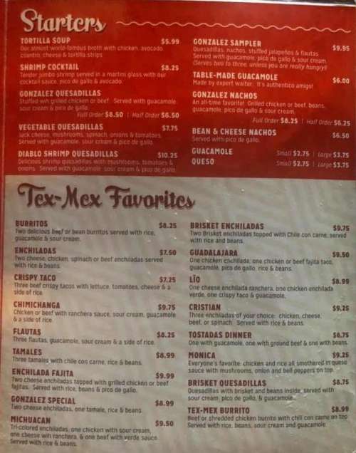 Gonzalez Mexican restaurant menu in Lindsay, Oklahoma, USA