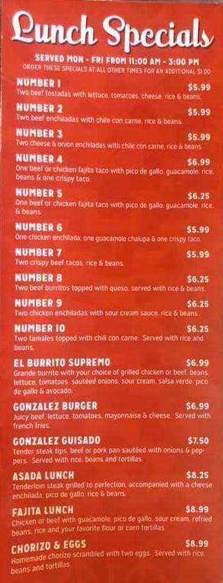 Gonzalez Mexican restaurant menu in Lindsay, Oklahoma, USA
